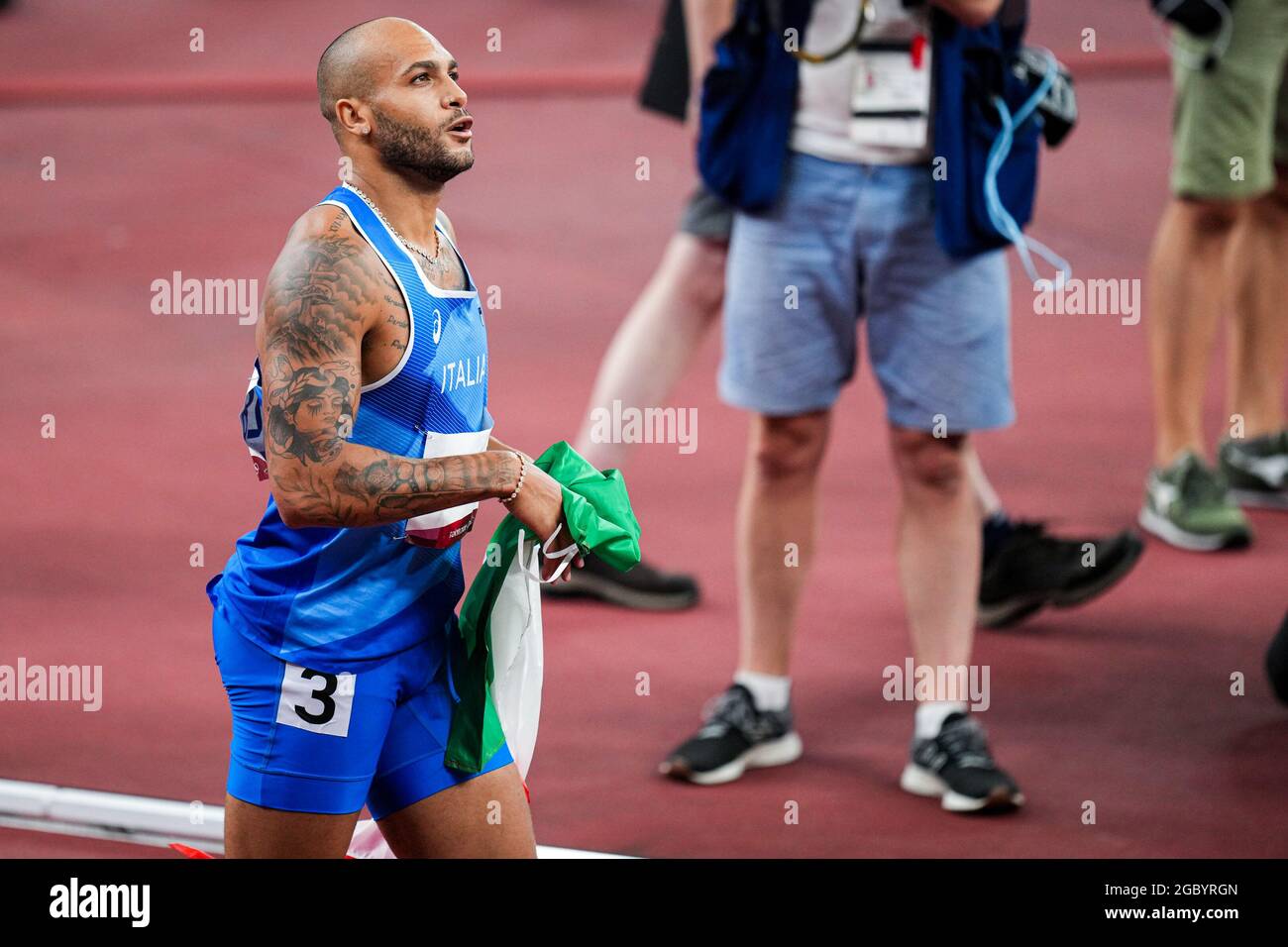 TOKYO, JAPAN - AUGUST 1: Lamont Marcel Jacobs of Italy celebrates his ...