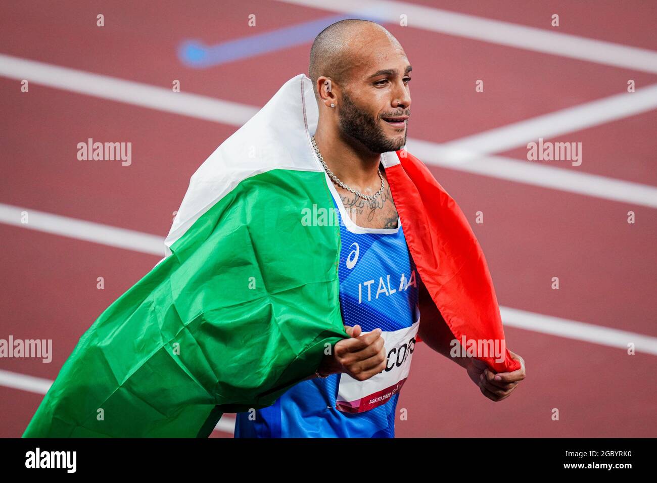 TOKYO, JAPAN - AUGUST 1: Lamont Marcel Jacobs of Italy celebrates his ...