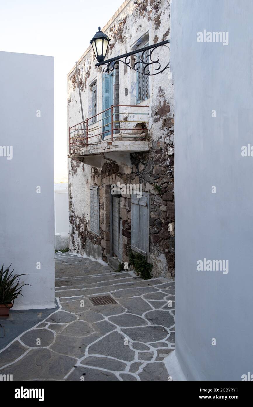 Milos island, Plaka Chora Cyclades Greece. Worn antique peeled ...