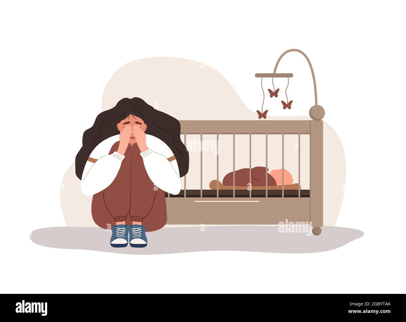 Postpartum depression. Sad tired woman sitting on the floor, crying and ...