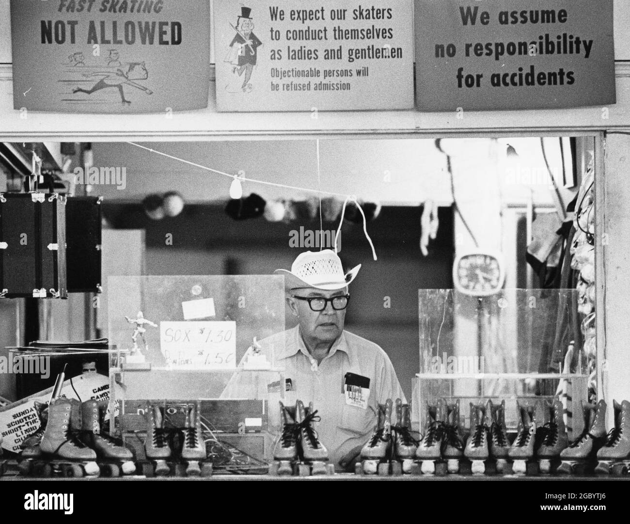 Luling Texas USA, circa 1984: Proprietor of roller skating rink with ...