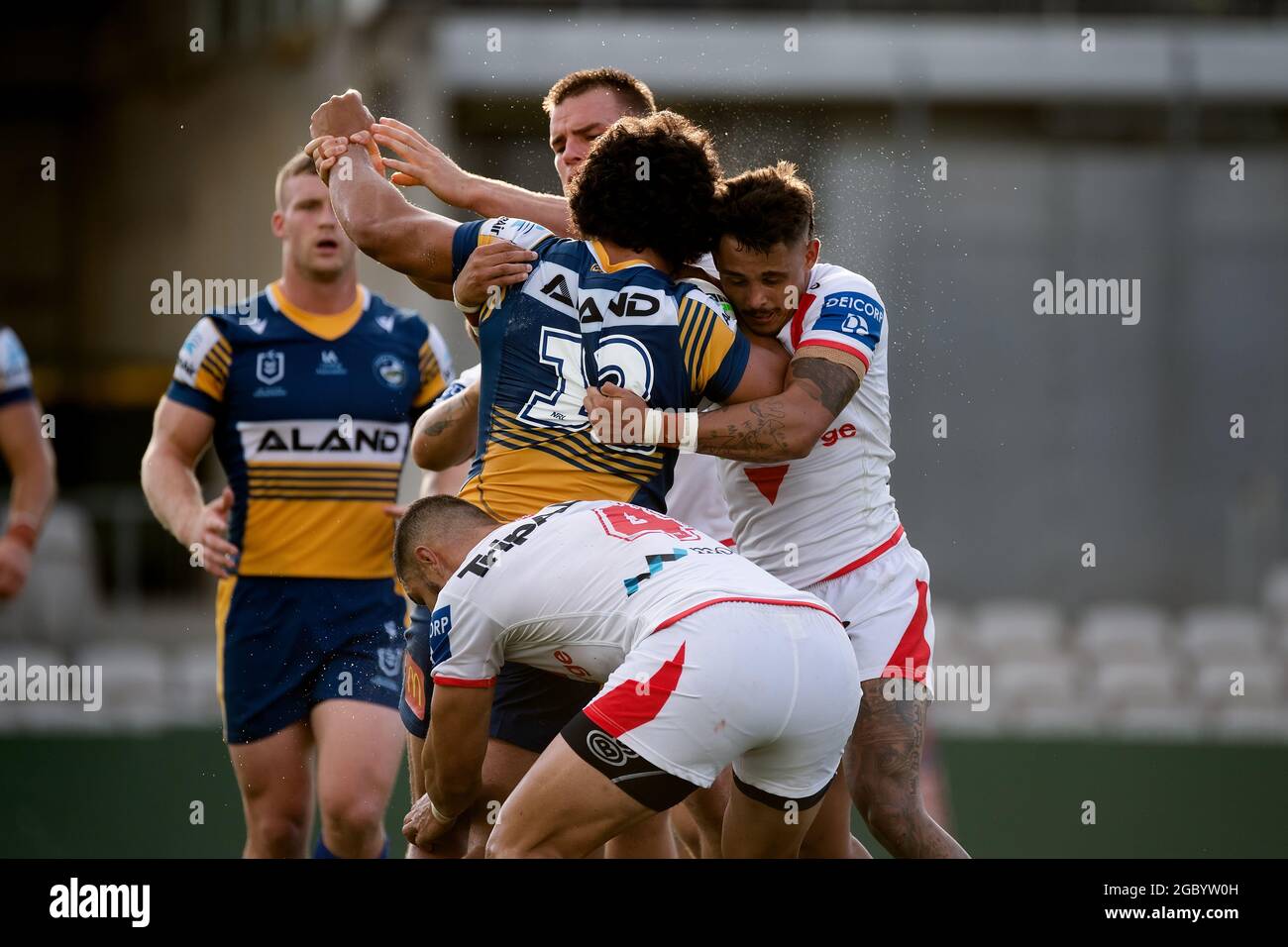 SYDNEY, AUSTRALIA - FEBRUARY 18: Isaiah Papalii of the Eels is tackled ...