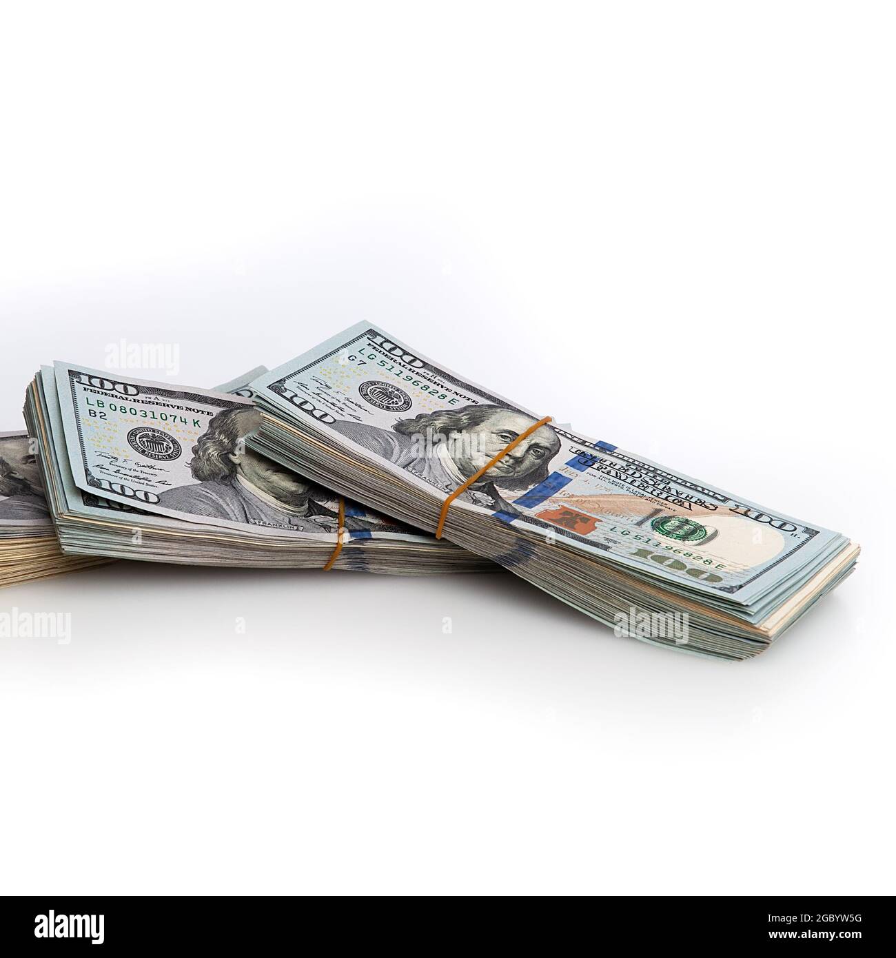 Bundles of packaged dollars on a white background. Place for logo ...