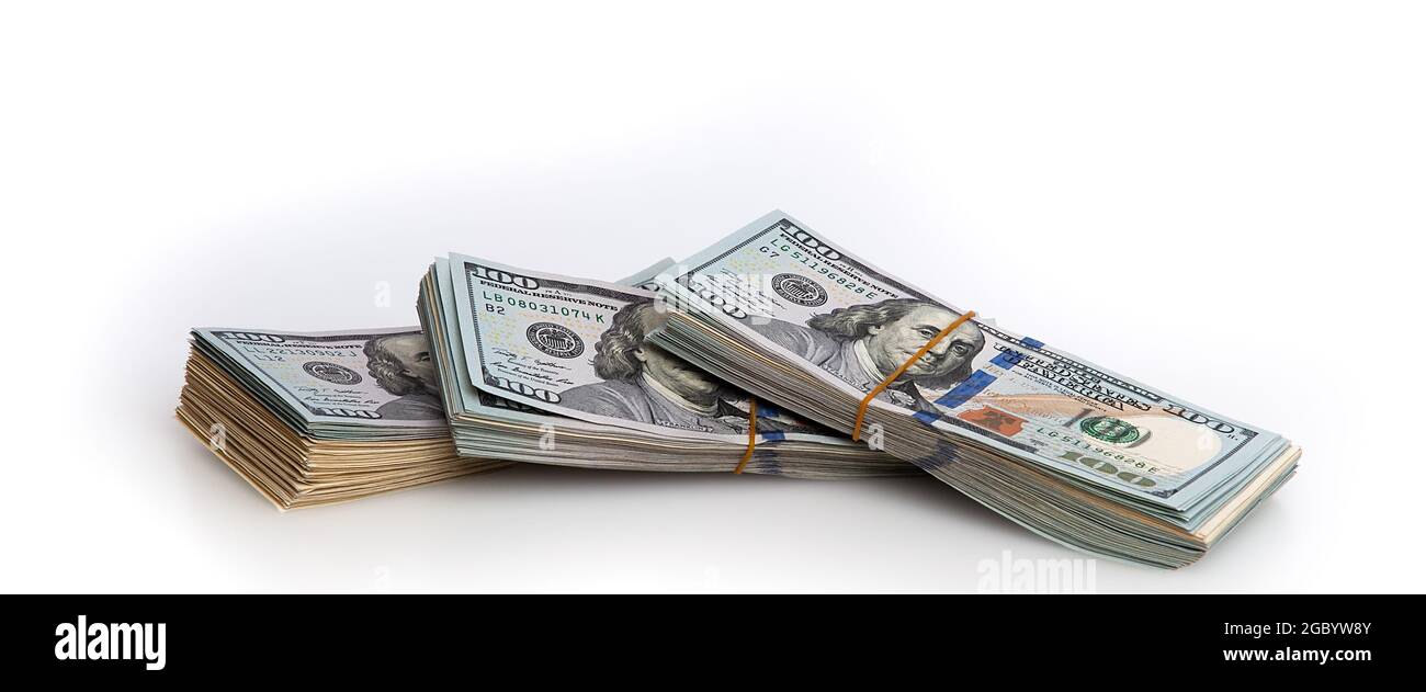 Bundles of packaged dollars on a white background. Place for logo ...