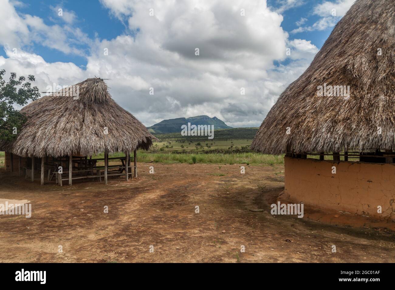 Simple houses in an indigenous village in National Park Canaima ...