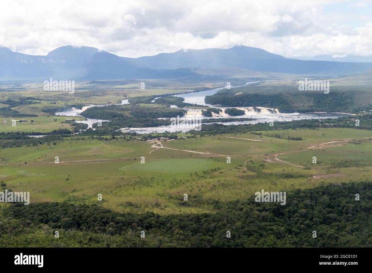 Aerial view of Canaima Lagoon waterfalls at river Carrao in Venezuela ...