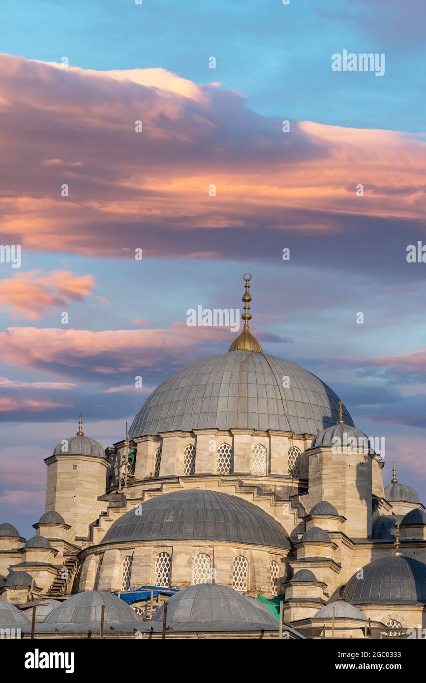 Turkey Istanbul Eminönü the roof top of the new mosque at sunset . One ...