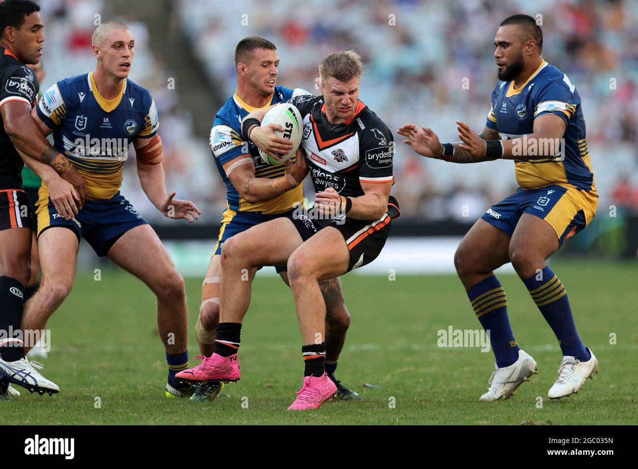 SYDNEY, AUSTRALIA - APRIL 05: Luke Garner of the Tigers is tackled ...