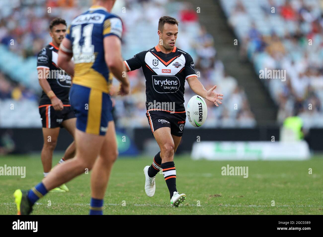 SYDNEY, AUSTRALIA - APRIL 05: Luke Brooks of the Tigers kicks during ...