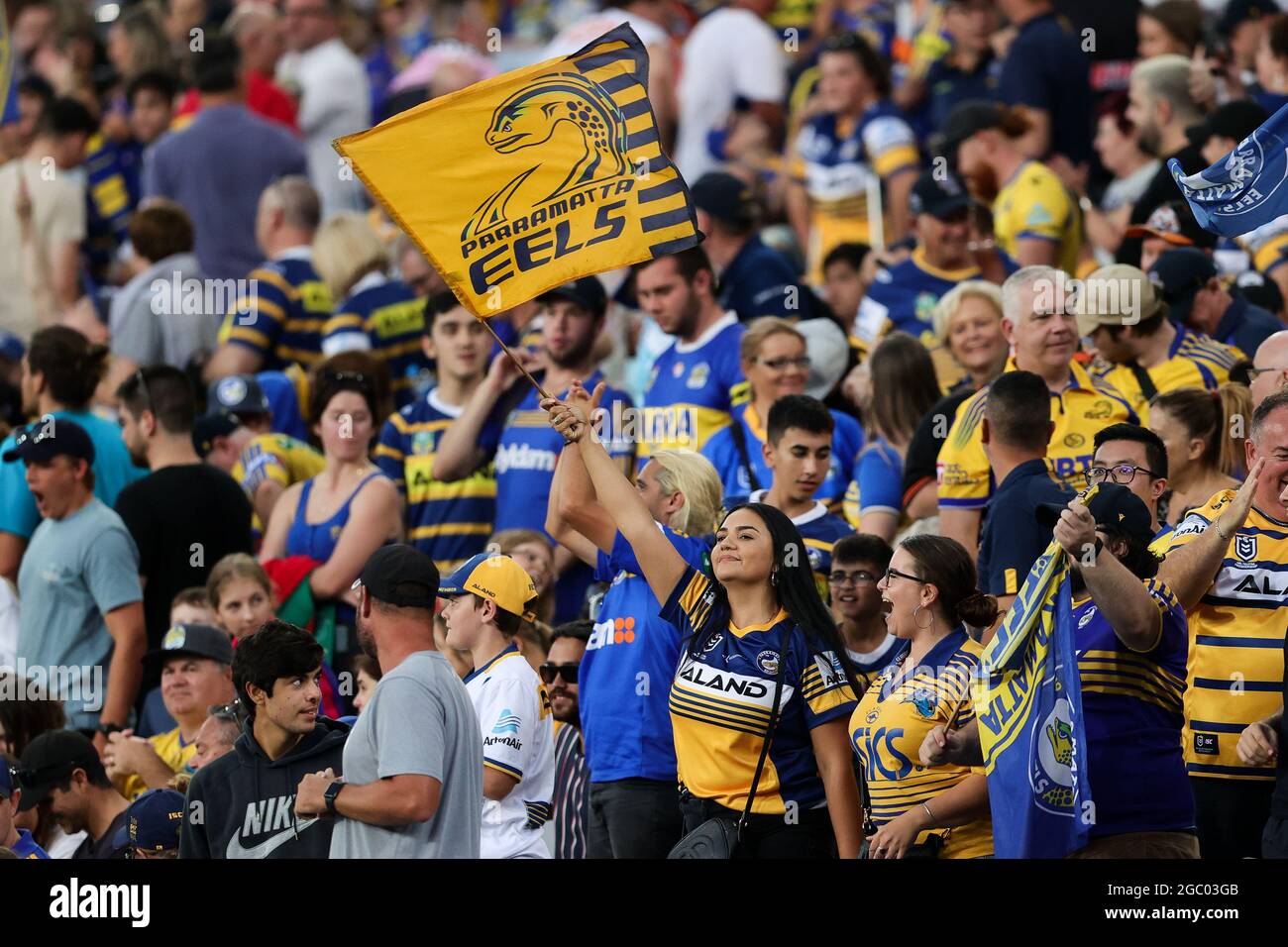 SYDNEY, AUSTRALIA - APRIL 05: Parramatta fans celebrate during the ...