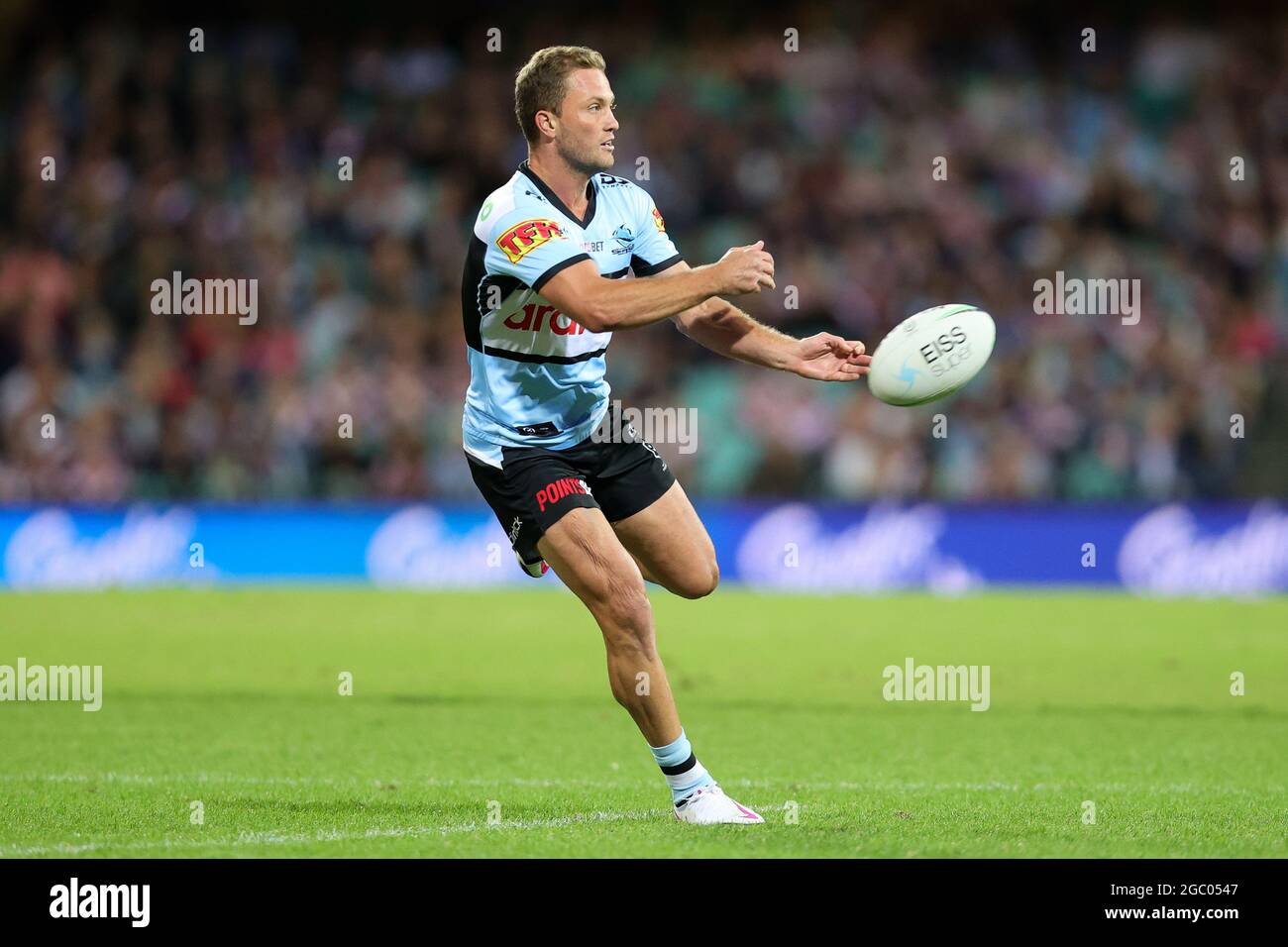 SYDNEY, AUSTRALIA - APRIL 10: Matt Moylan of the Sharks passes during ...