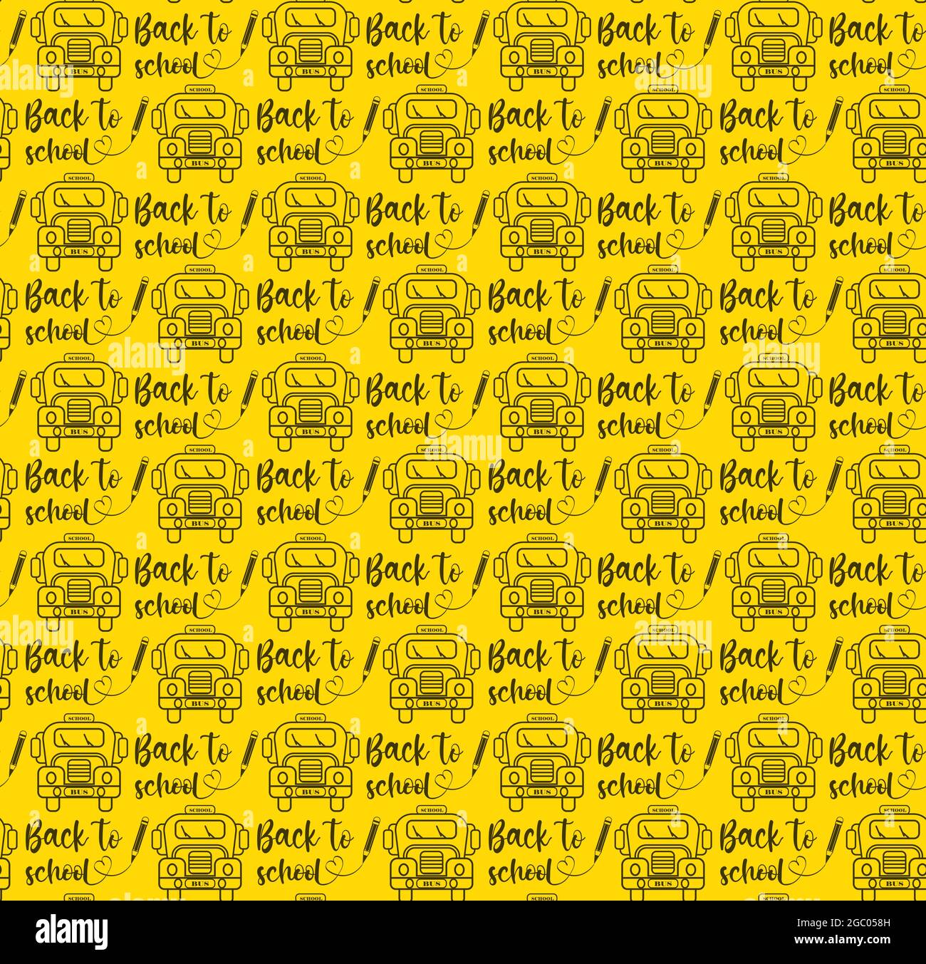 Seamless pattern with school bus on yellow background drawing in ...