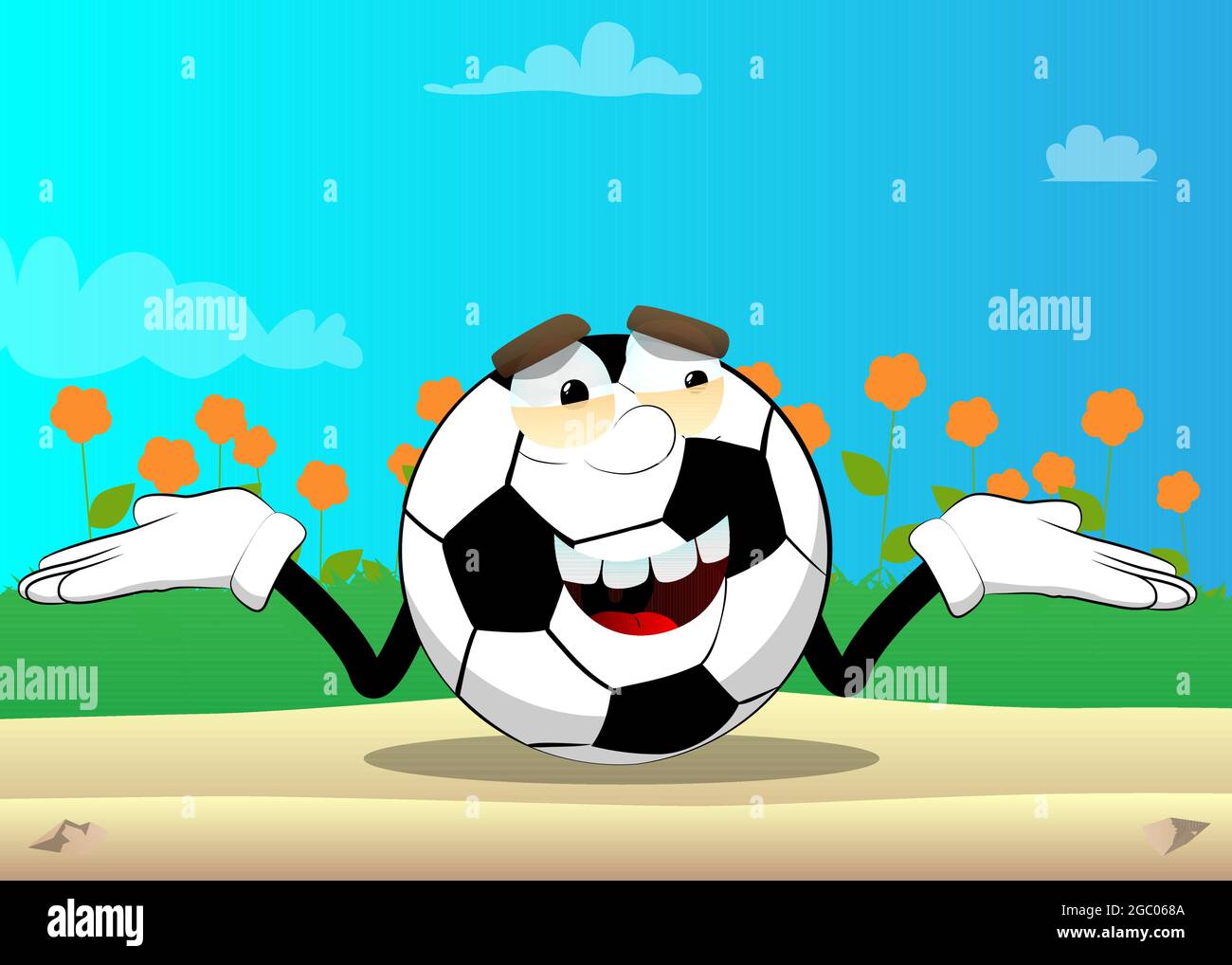 Soccer ball shrugs shoulders expressing don't know gesture. Traditional ...