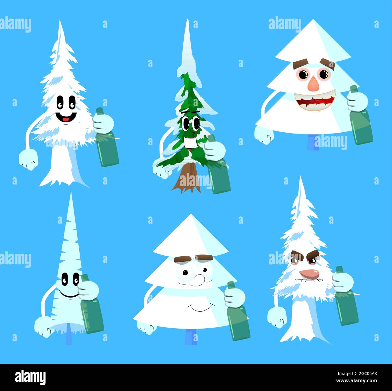 Cartoon winter pine trees with faces holding a bottle. Cute forest ...