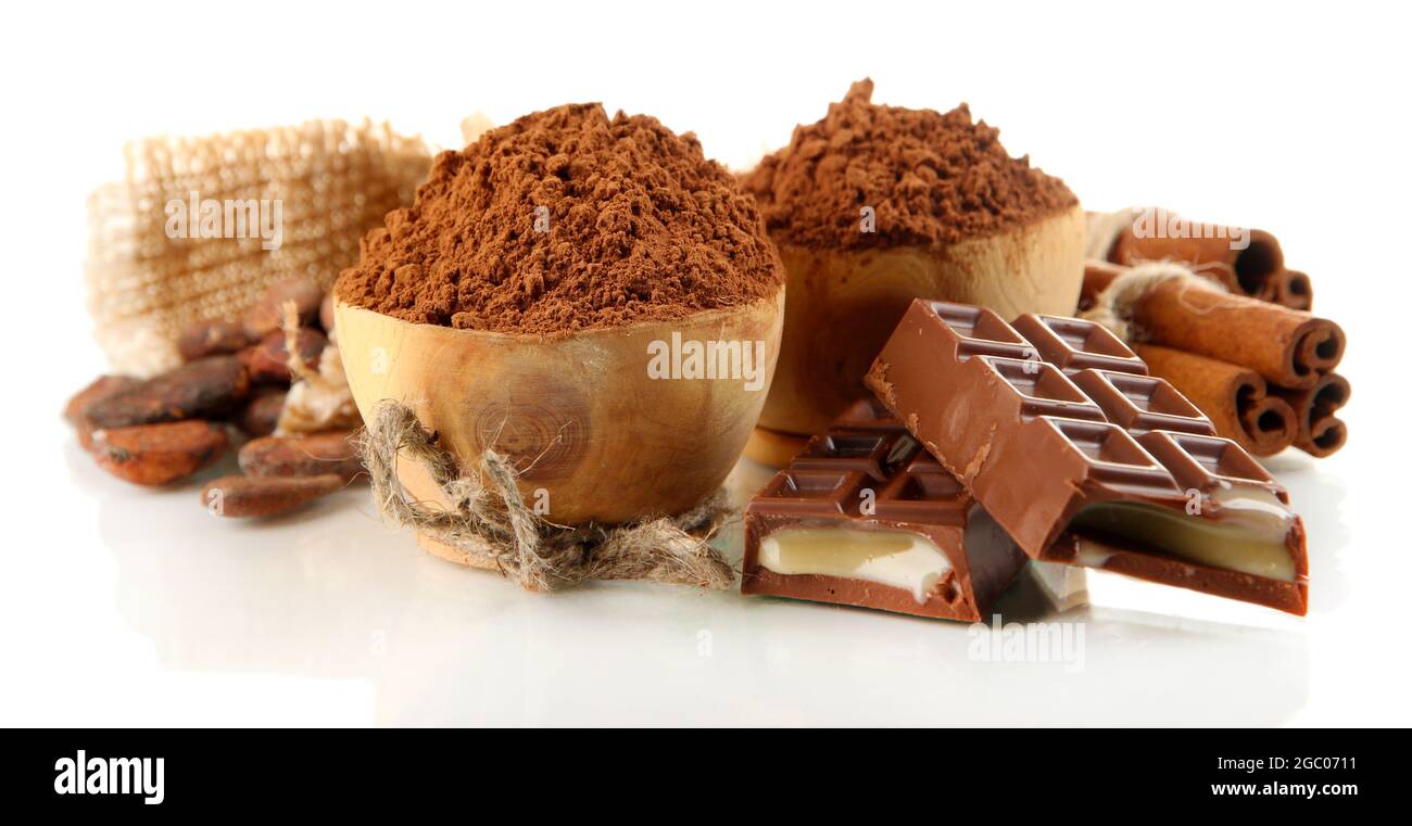Composition of chocolate sweets, cocoa and spices, isolated on white ...