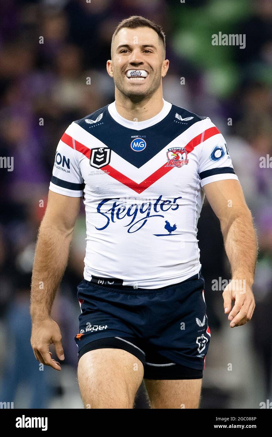MELBOURNE, AUSTRALIA - APRIL 16: James Tedesco of the Roosters looks on ...