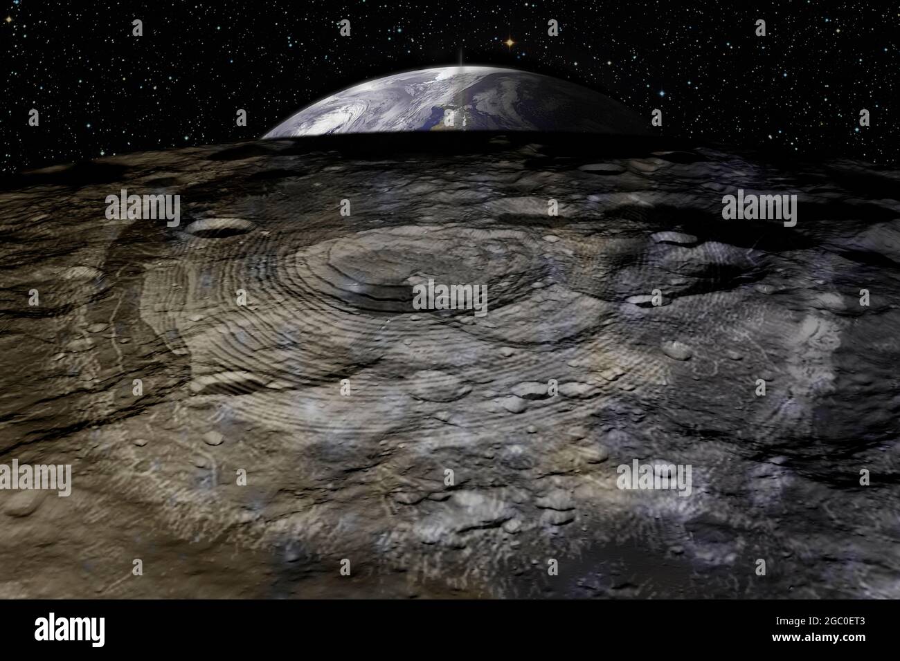 Mysterious surface of the moon with meteorite craters, and the earth ...