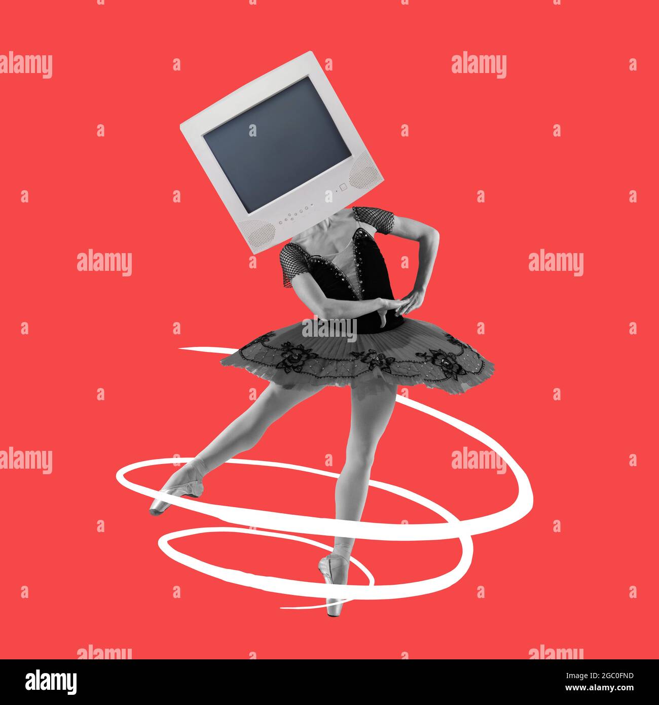 Modern artwork. Image of female ballet dancer headed with old computer ...