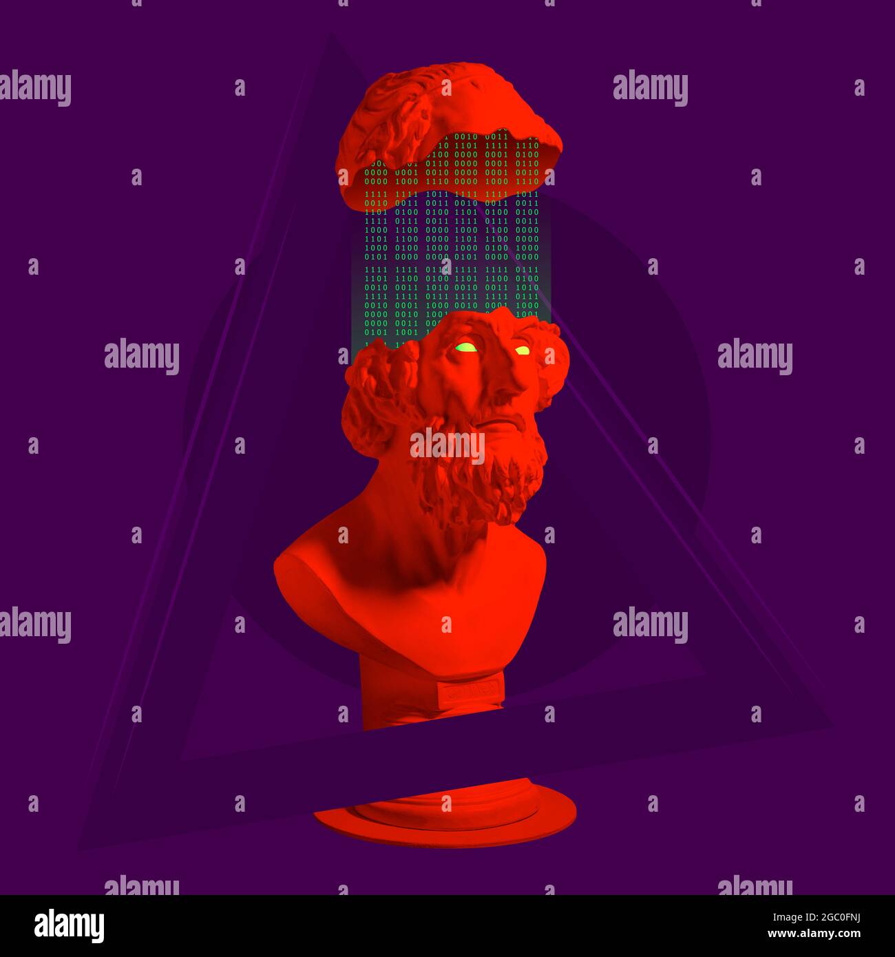 Contemporary art collage. Image of red ancient greek statue with binary ...