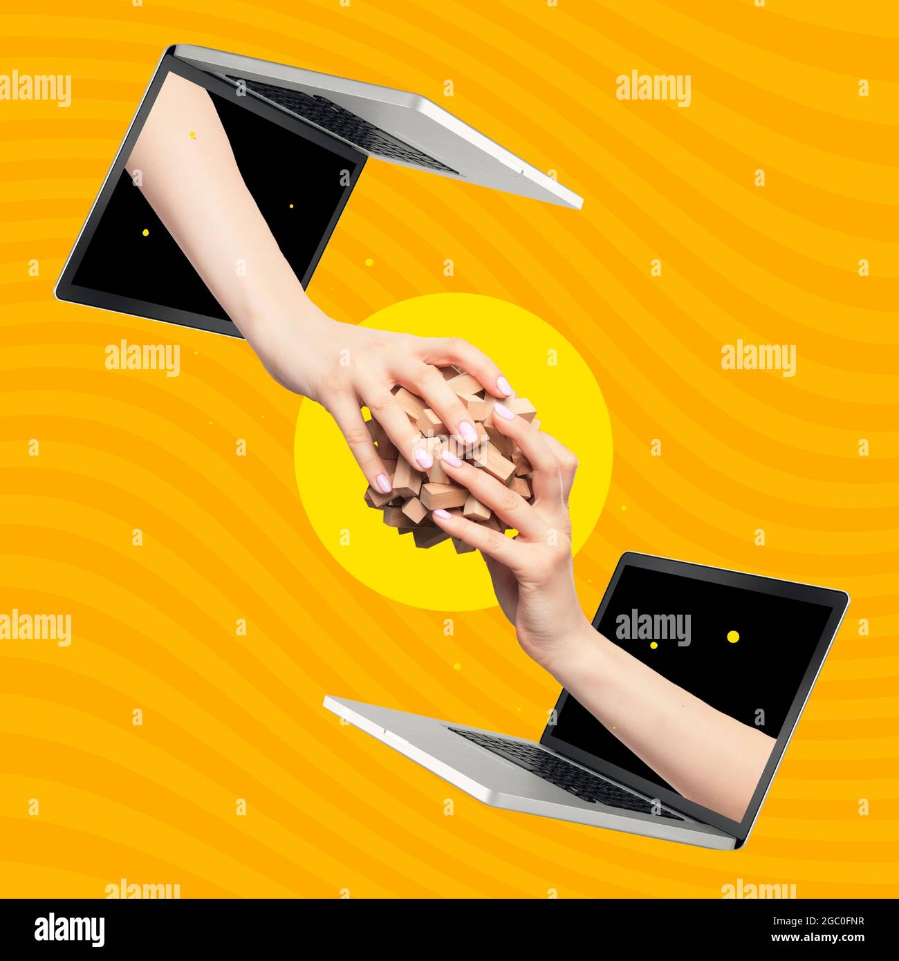 Creative collage. Image of female hands sticking out of laptop screen ...