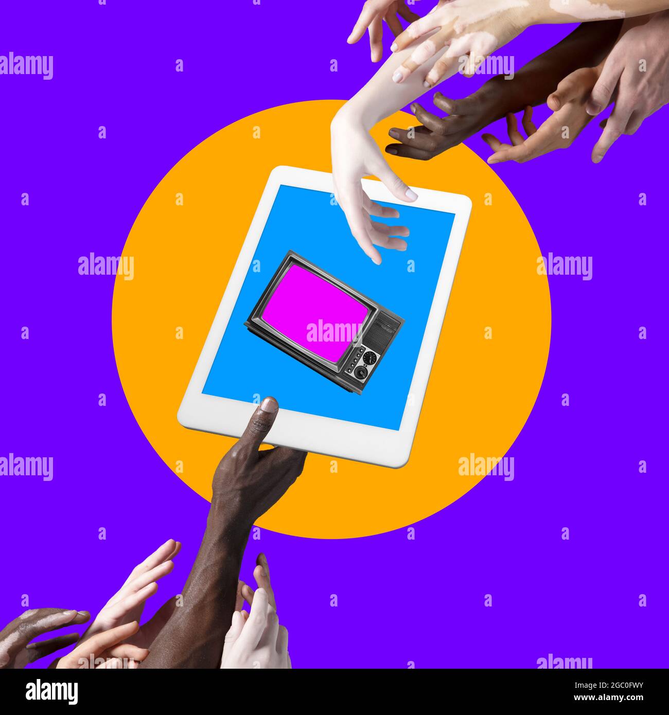 Image of many hands holding tablet on bright purple background ...