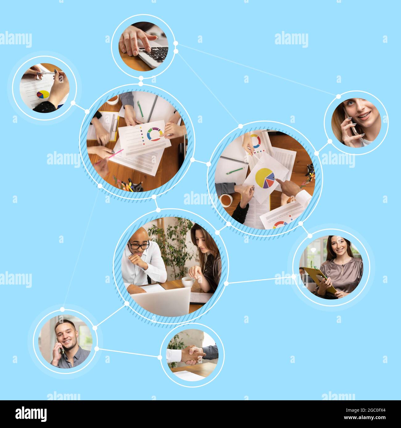 Working process in office. Round images of office workers, analysts on ...