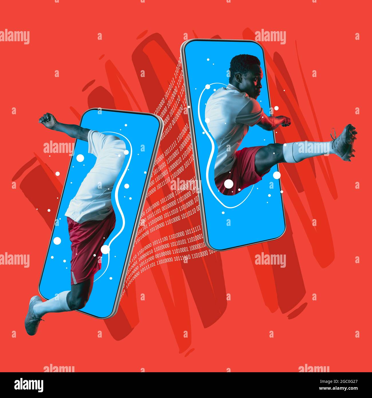 Male football player stuck on phone screen with binary code on red ...