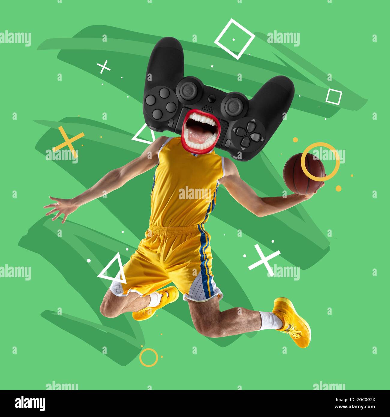 Professional male basketball player headed with game console joystick ...