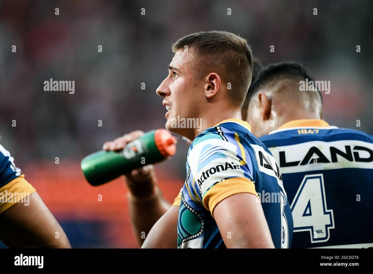 SYDNEY, AUSTRALIA - MAY 23: Jakob Arthur of the Eels looks up at a ...