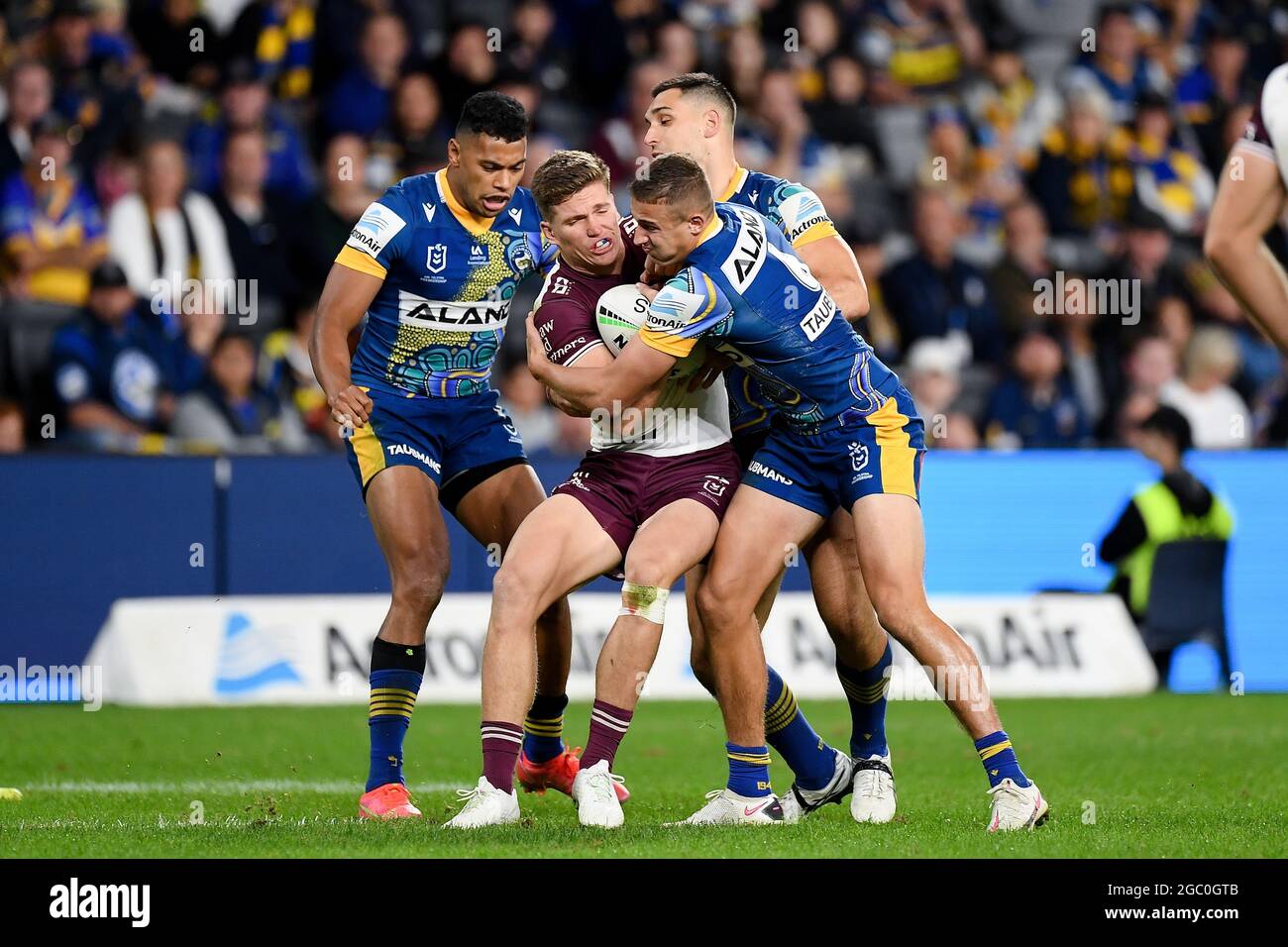 SYDNEY, AUSTRALIA - MAY 23: Reuben Garrick of the Sea Eagles is tackled ...