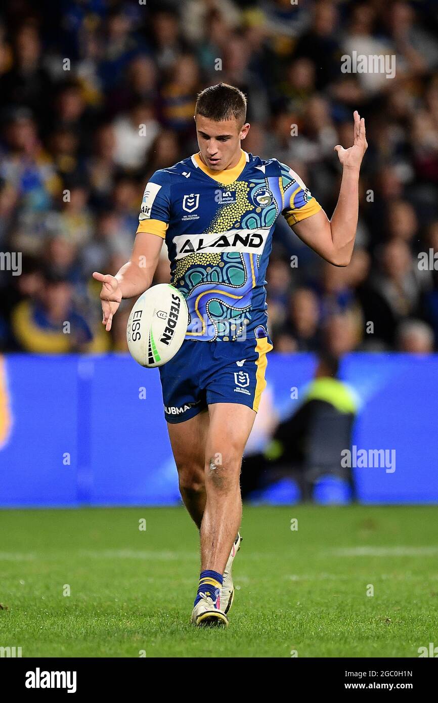 SYDNEY, AUSTRALIA - MAY 23: Jakob Arthur of the Eels kicks the ball ...