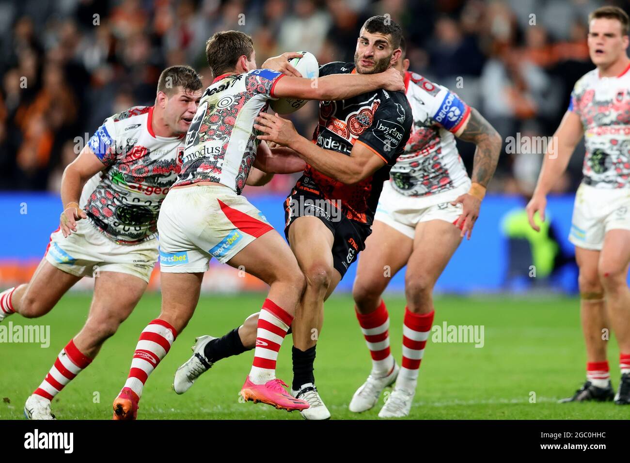 SYDNEY, AUSTRALIA - MAY 28: Alex Twal of the Tigers is tackled during ...