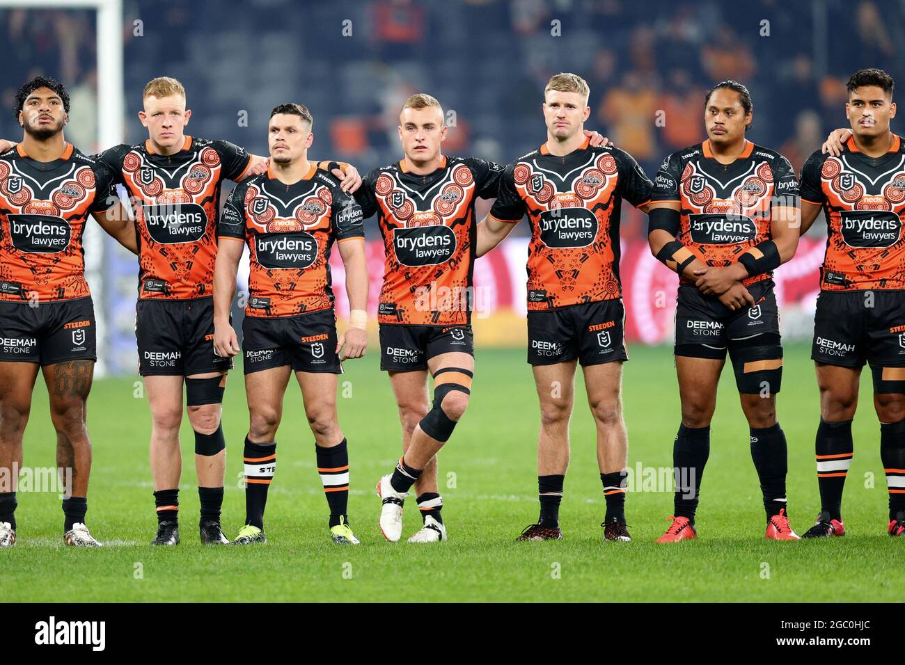 SYDNEY, AUSTRALIA - MAY 28: Tigers players during the round twelve NRL ...
