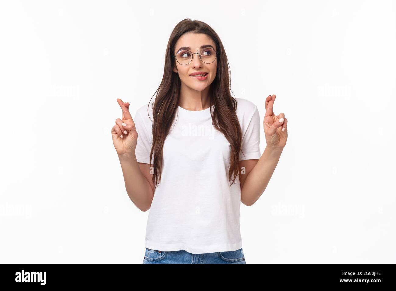 Waist-up portrait of hopeful pretty brunette female anticipating ...