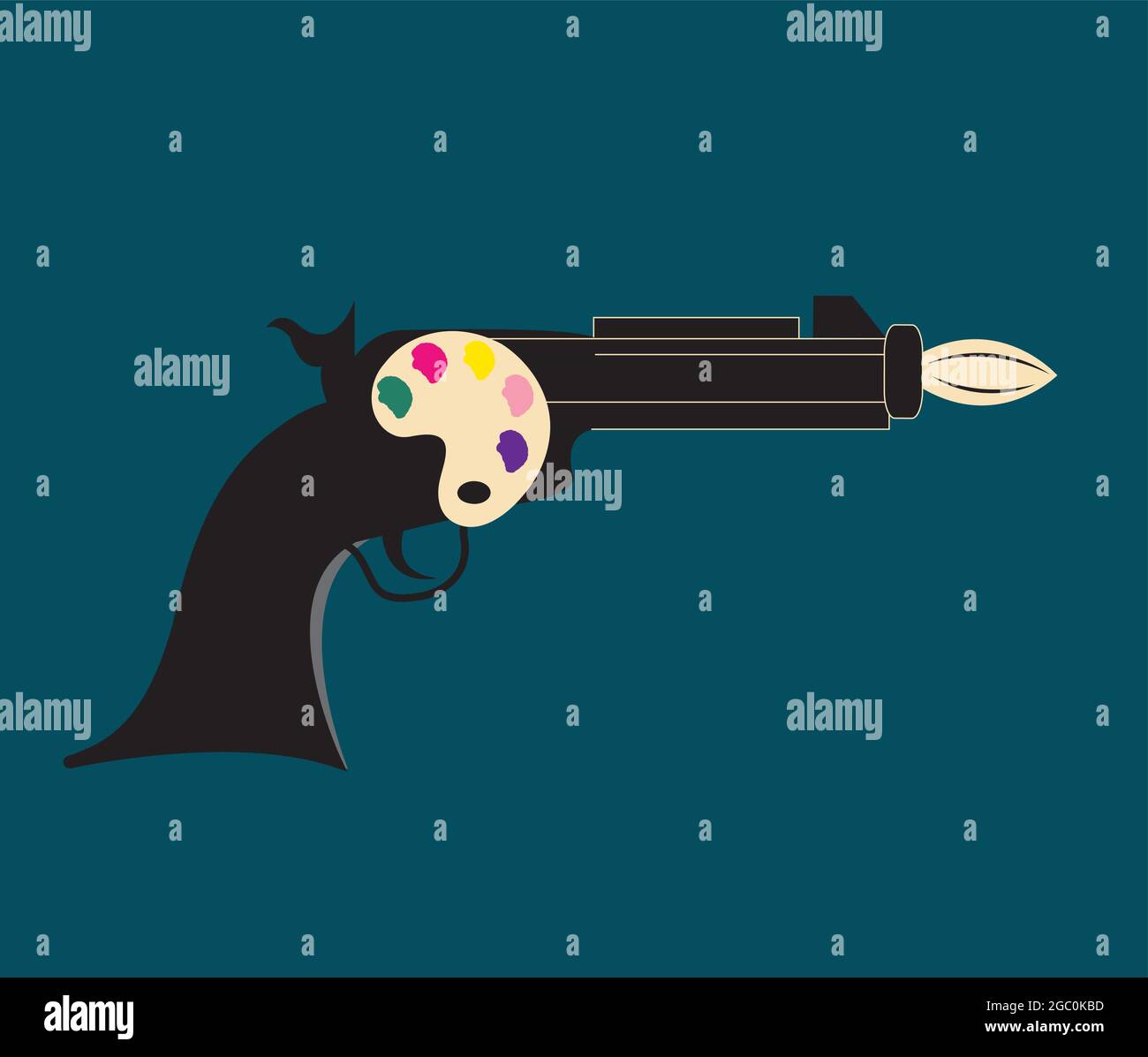 illustration of a gun with a painters palette as its bullets, isolated ...