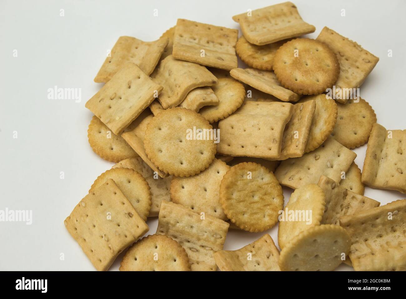 close-up of view from above of salty square and round shaped cookies on ...