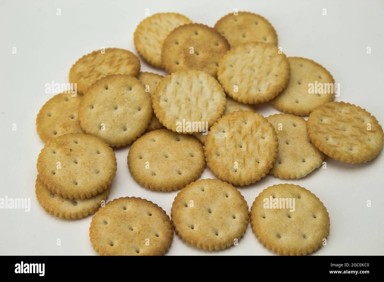 close-up of view from above of salty round shaped cookies on white ...
