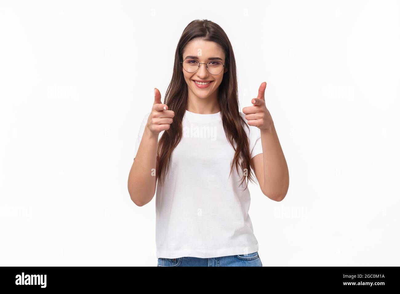 Waist-up of confident, sassy attractive young female coworker in ...