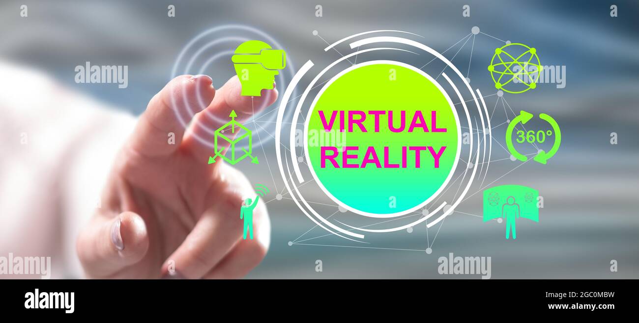 Woman touching a virtual reality concept on a touch screen with her ...