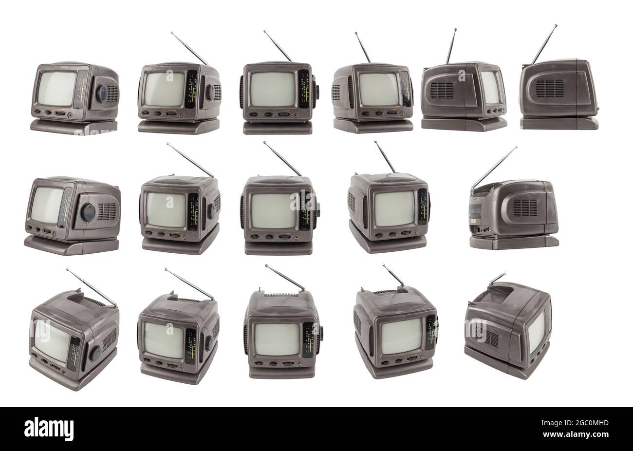 set of old 5.5 inch protable analog crt tv unit isolated on white in ...