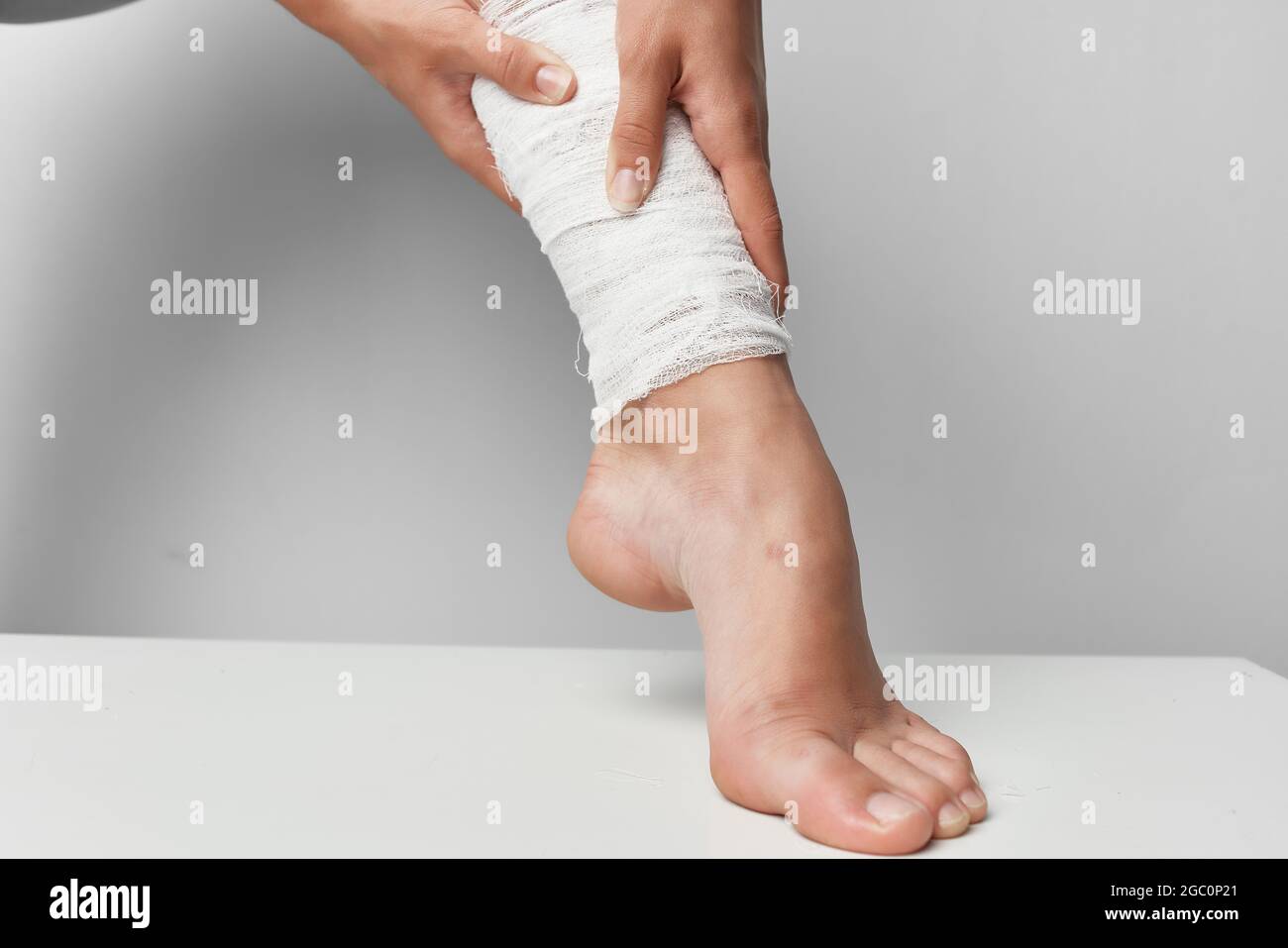bandaged leg traumatology health problems close-up Stock Photo - Alamy