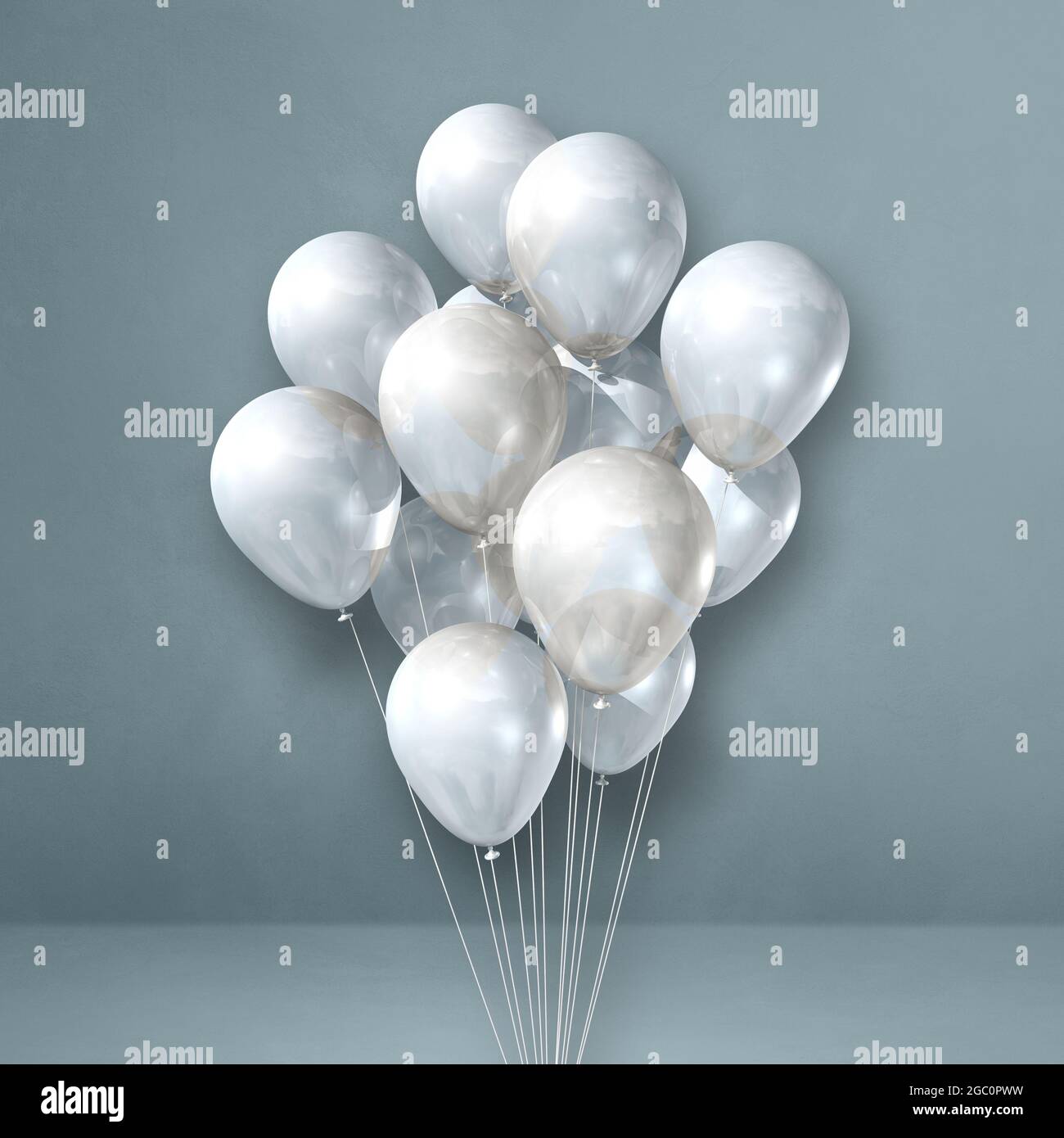 White balloons bunch on a grey wall background. 3D illustration render ...