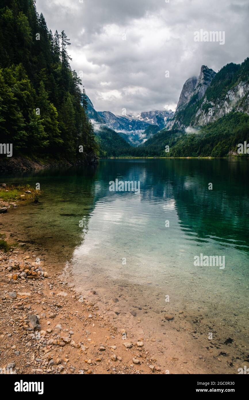Beautiful view of the shore at Lake Gosausee in Austria with trees and ...