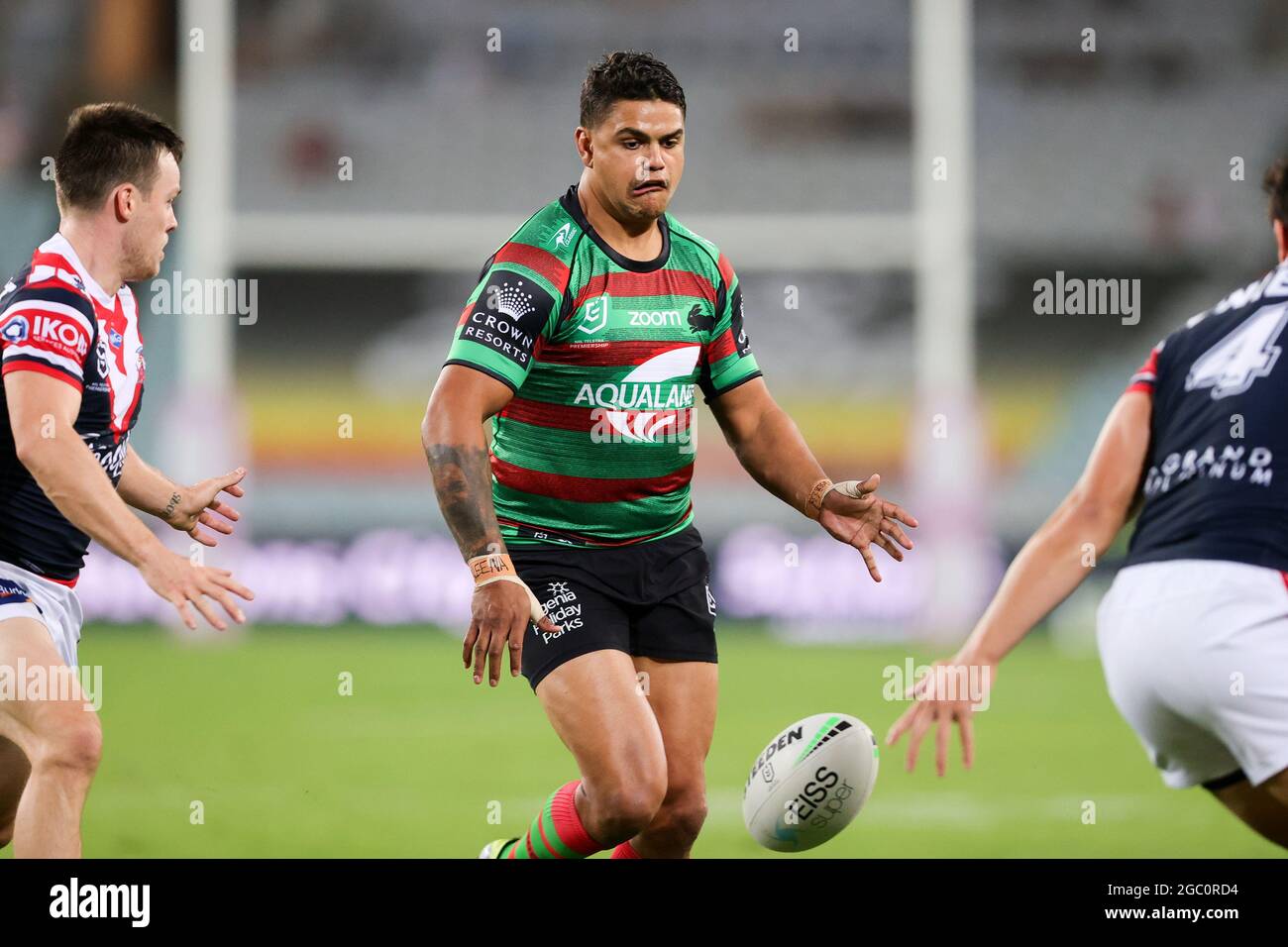 SYDNEY, AUSTRALIA - MARCH 26: Latrell Mitchell of the Rabbitohs kicks ...