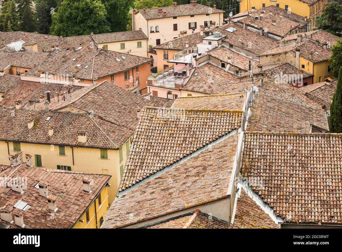 Brisighella, Ravenna, Emilia-Romagna, Italy.Close up aerial view of the ...