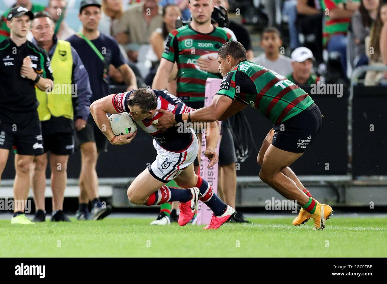 SYDNEY, AUSTRALIA - MARCH 26: Brett Morris of the Roosters scores a try ...