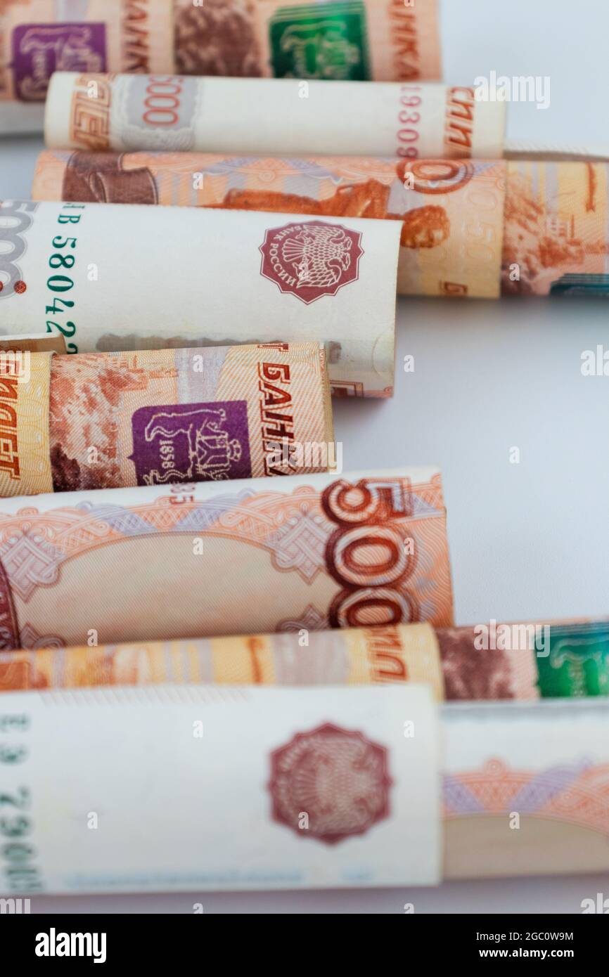 Russian banknotes on a white background. Money background Stock Photo ...
