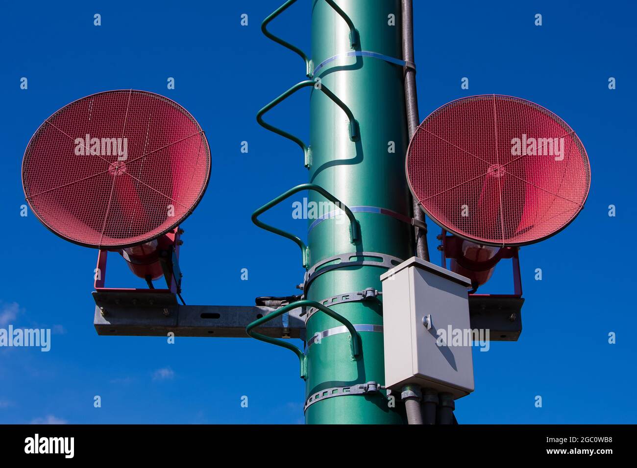 Red emergency loudspeakers on a pylon near Kozukue, Kanagawa, Japan ...