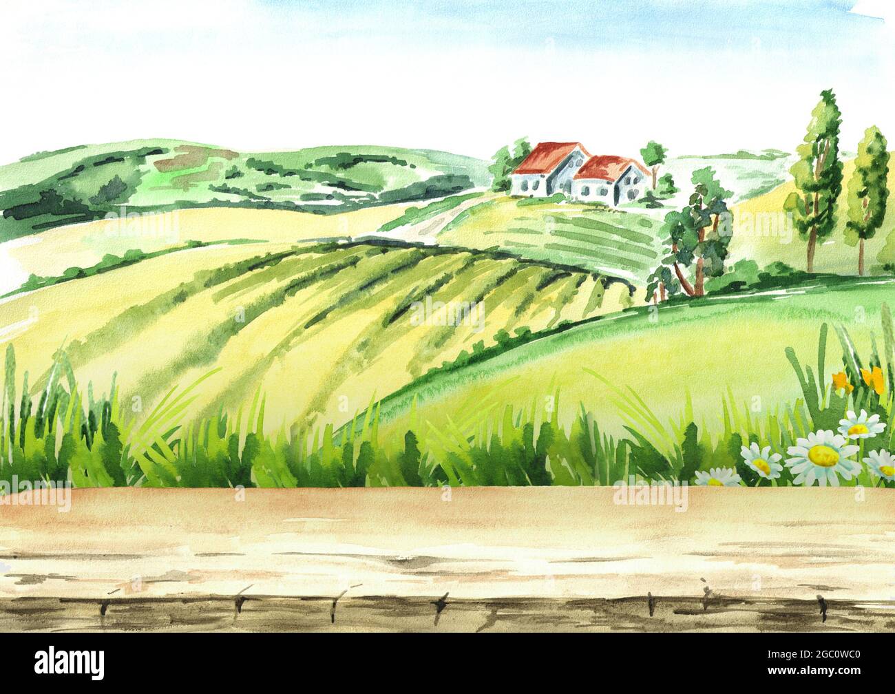 Old farm and fields in countryside with empty table as background ...