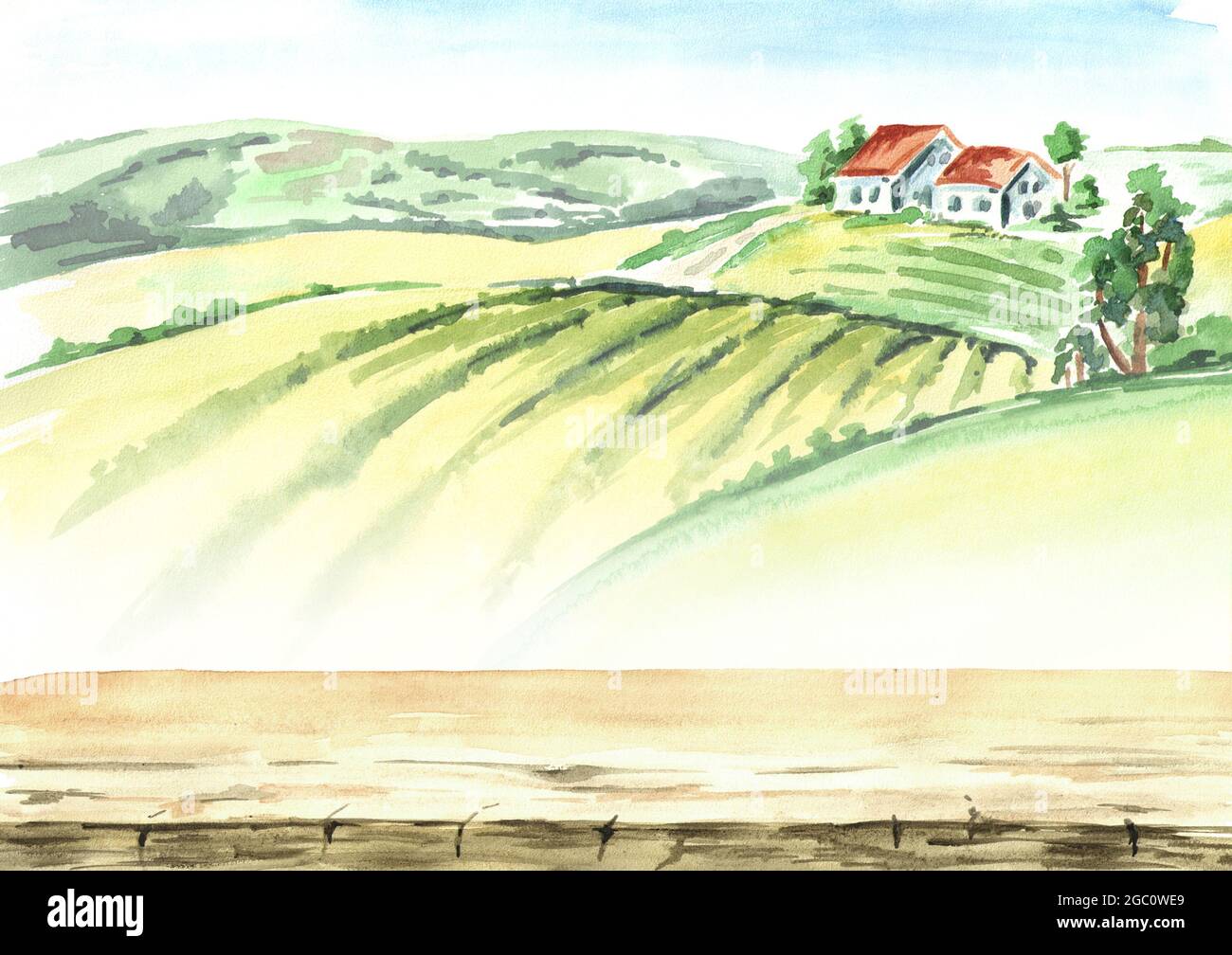 Old farm and fields in countryside with empty table. Watercolor hand ...